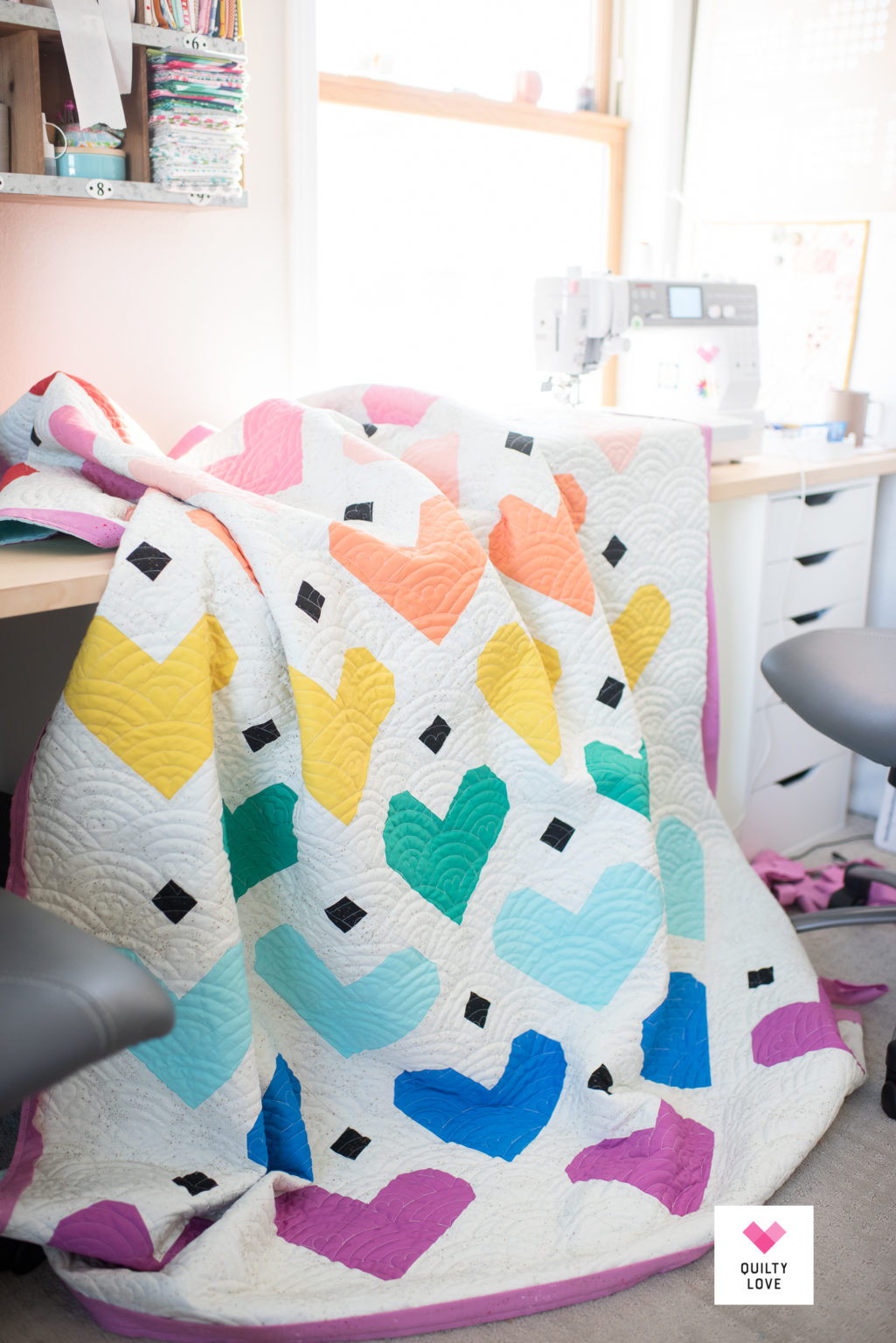 Simple Rainbow Heart Gems quilt - Quilty Love