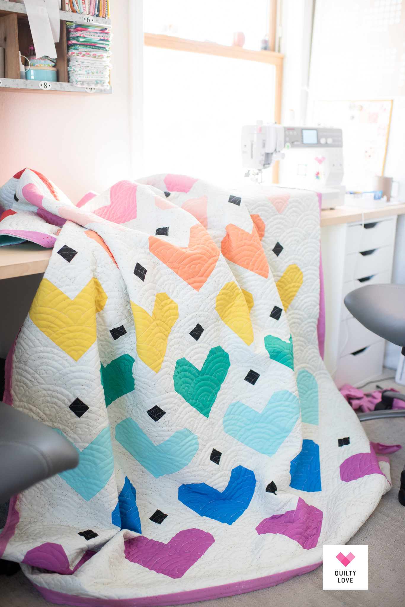 Simple Rainbow Heart Gems quilt - Quilty Love