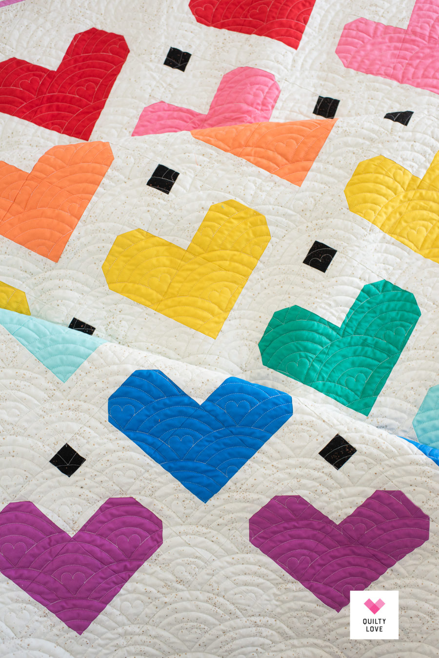 Simple Rainbow Heart Gems quilt - Quilty Love
