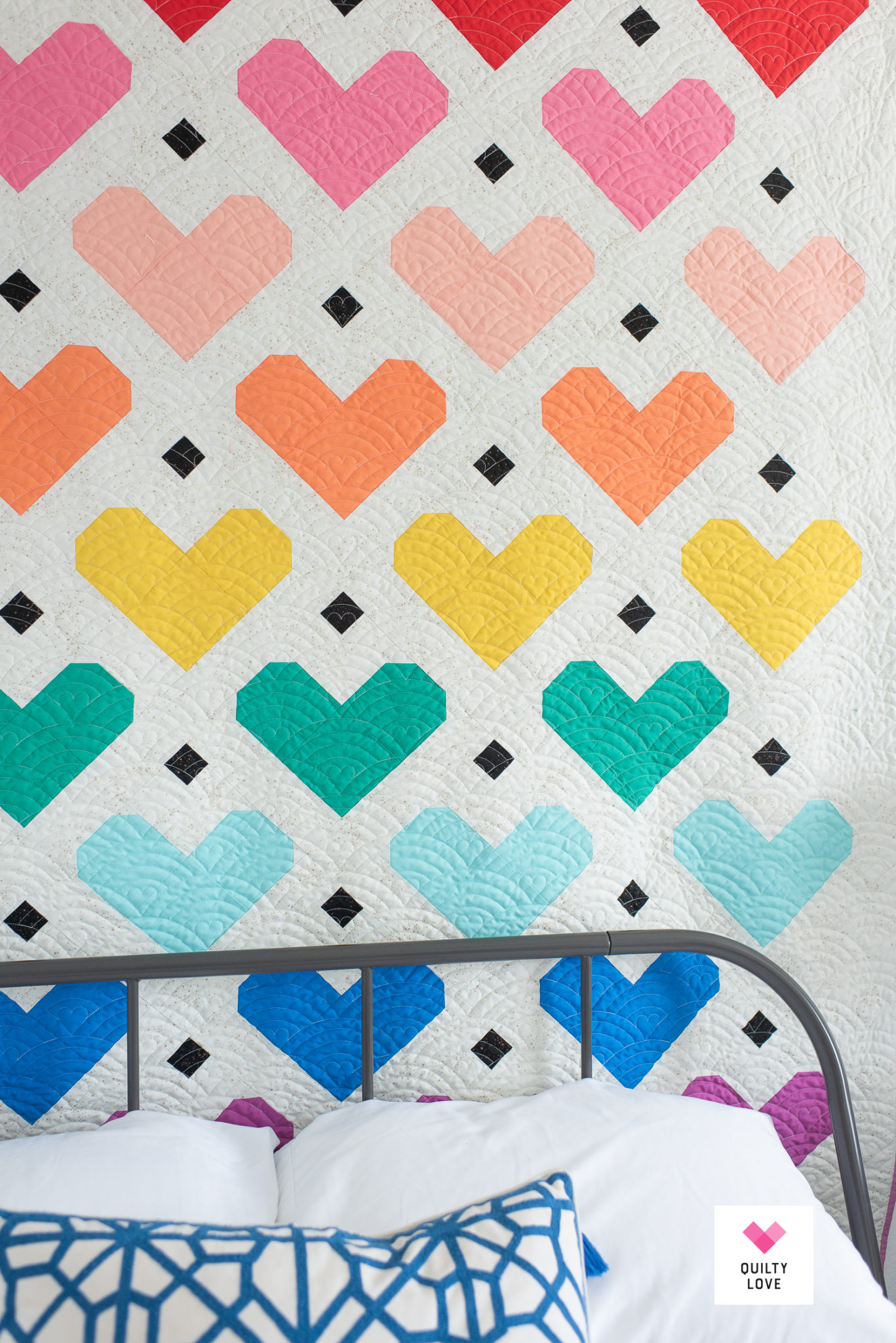Simple Rainbow Heart Gems quilt - Quilty Love