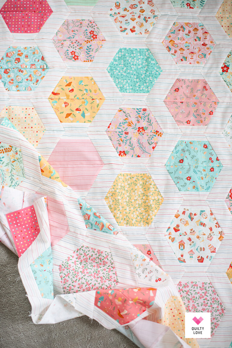 Poppie Cotton Mushroom Blooms fabric Hexie Framed quilt - Quilty Love