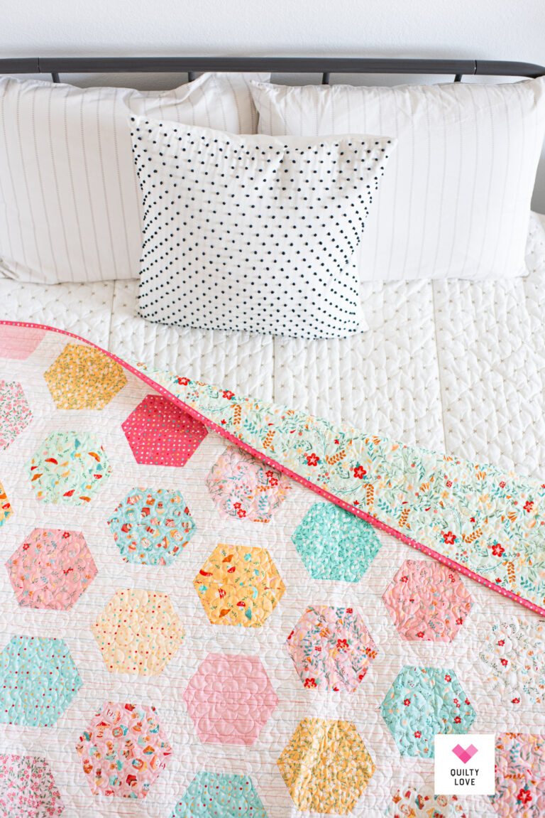 Poppie Cotton Mushroom Blooms fabric Hexie Framed quilt - Quilty Love