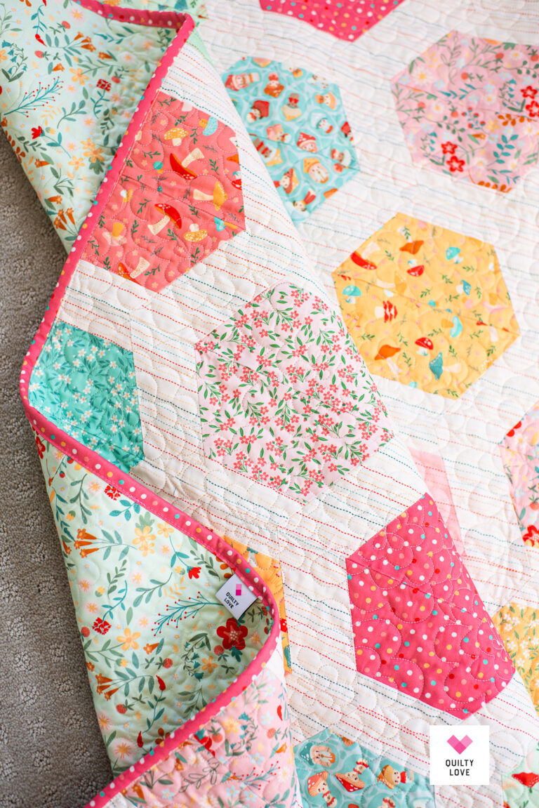 Poppie Cotton Mushroom Blooms fabric Hexie Framed quilt - Quilty Love