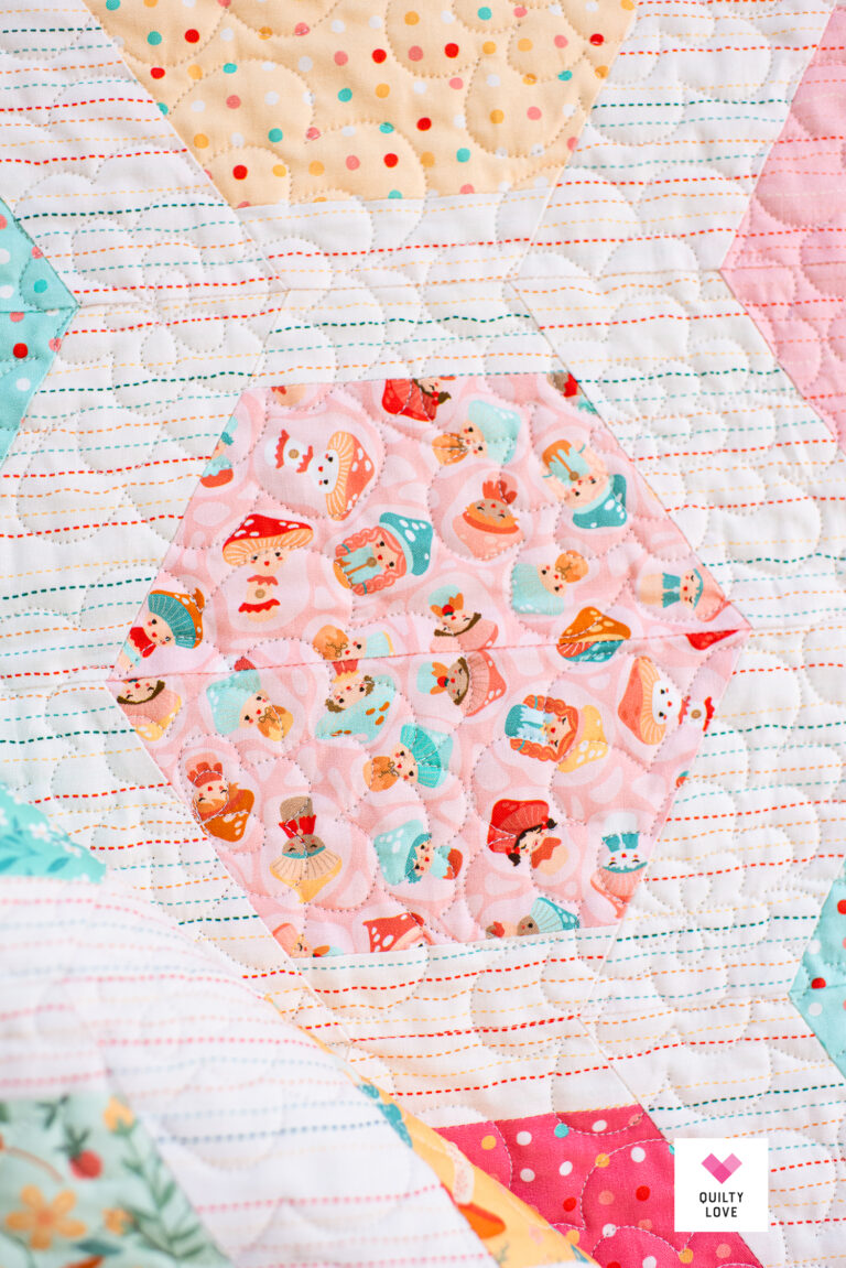 Poppie Cotton Mushroom Blooms fabric Hexie Framed quilt - Quilty Love