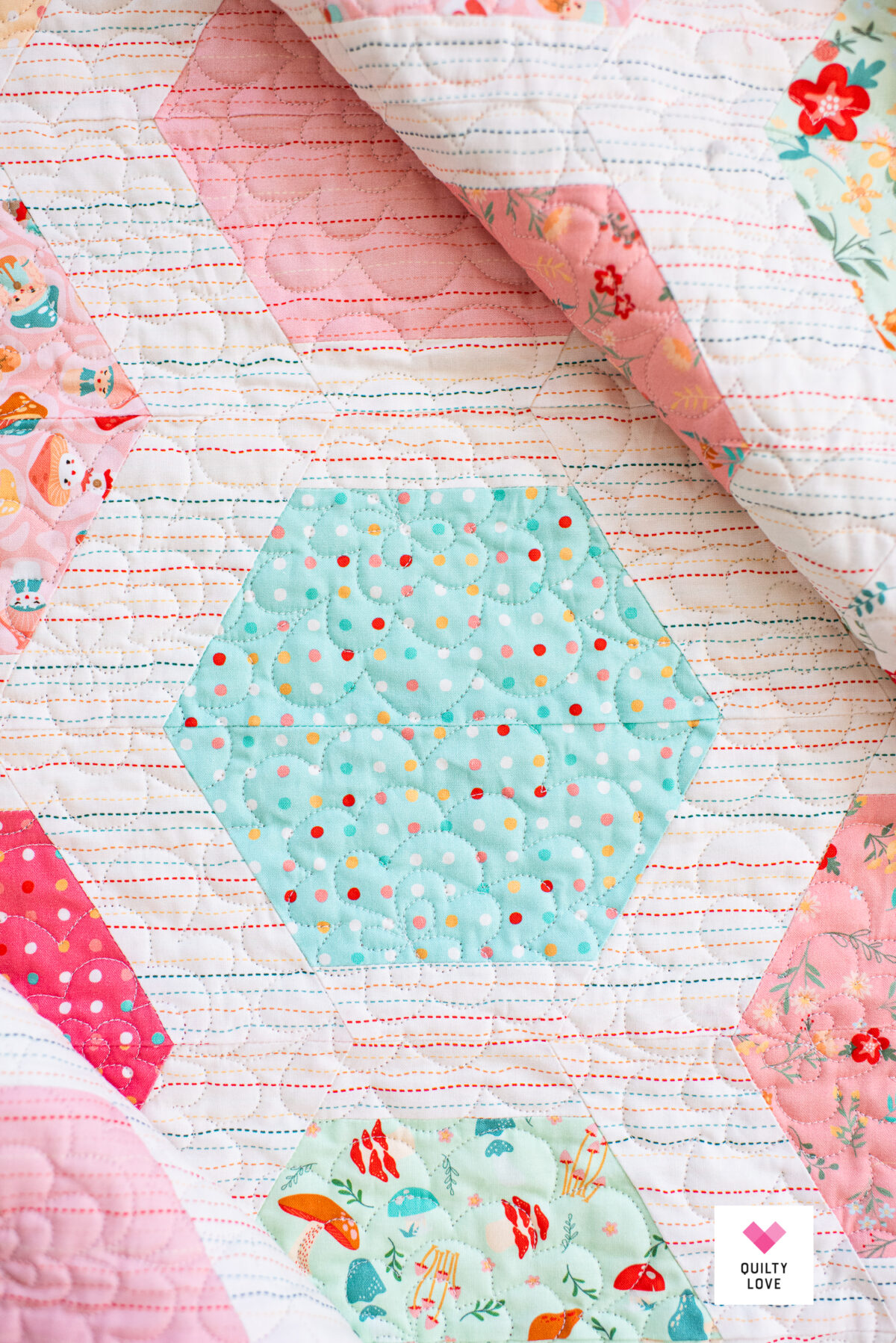 Poppie Cotton Mushroom Blooms fabric Hexie Framed quilt - Quilty Love