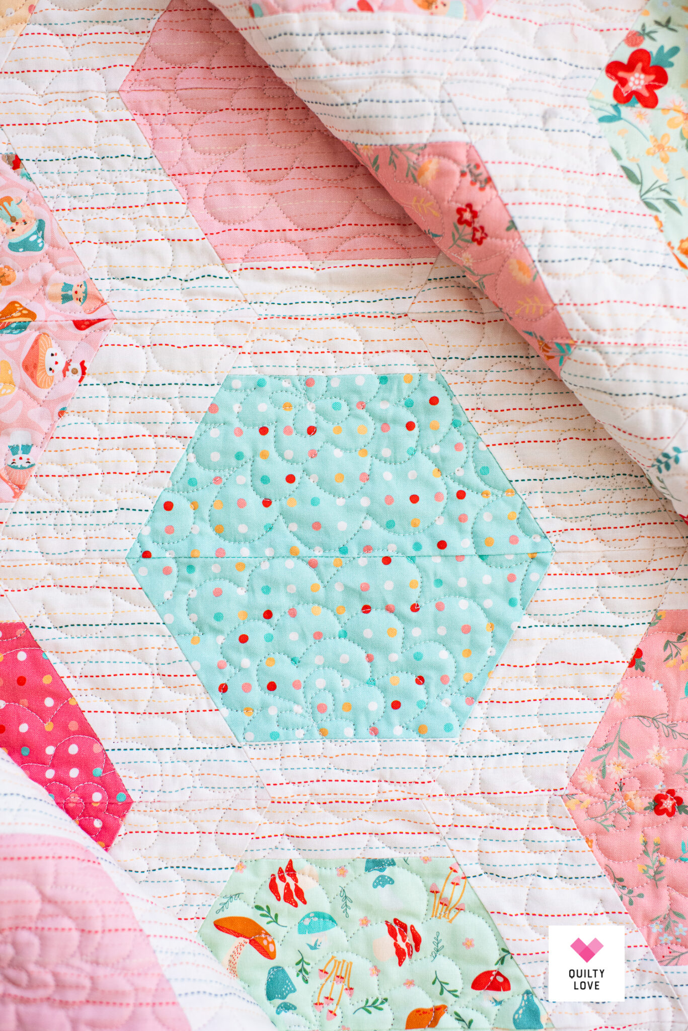Poppie Cotton Mushroom Blooms fabric Hexie Framed quilt - Quilty Love