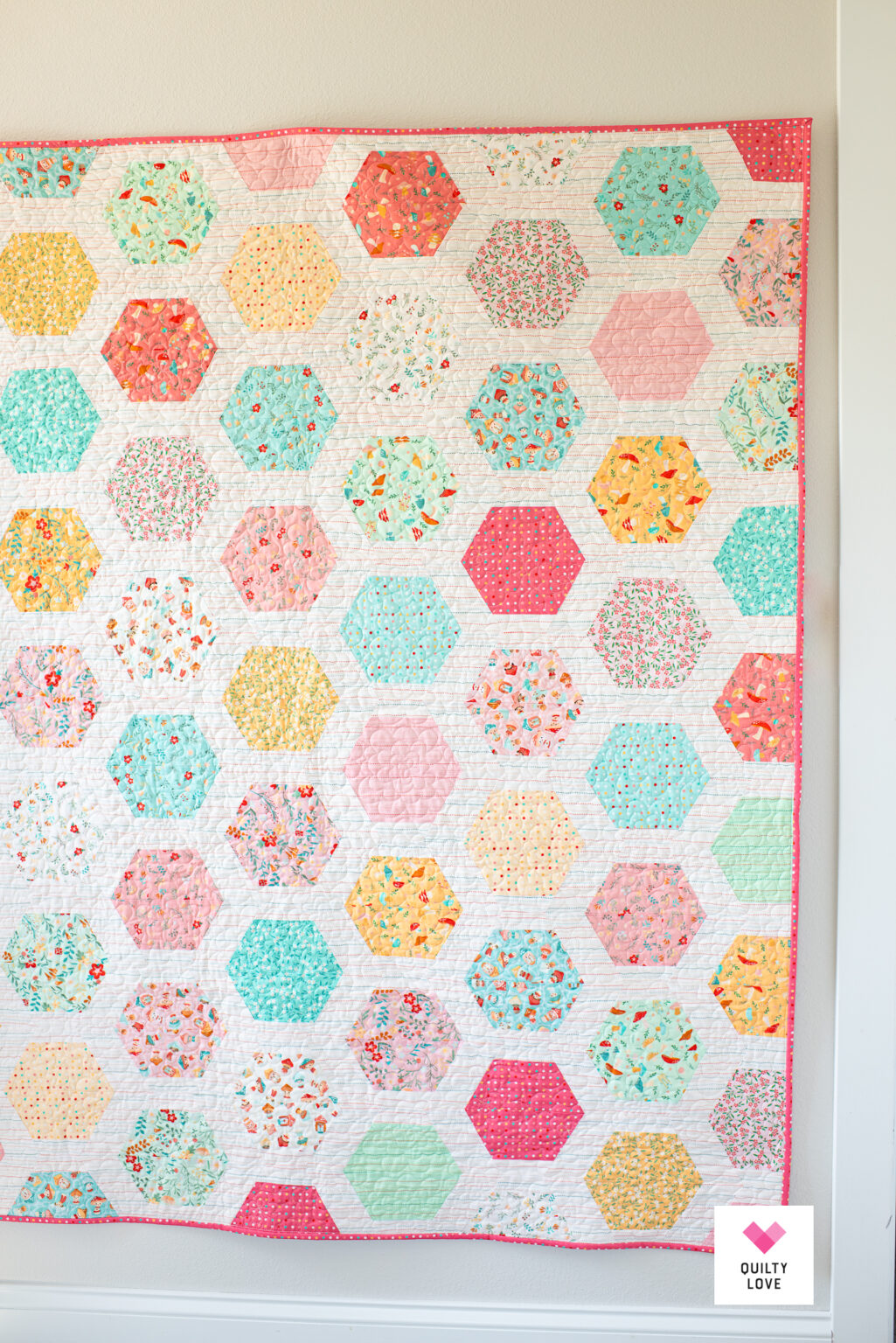 Poppie Cotton Mushroom Blooms fabric Hexie Framed quilt - Quilty Love