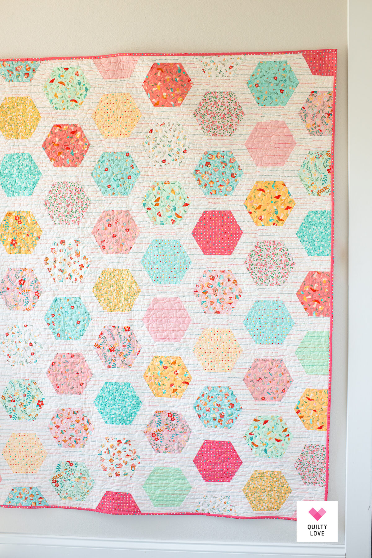 Poppie Cotton Mushroom Blooms fabric Hexie Framed quilt - Quilty Love