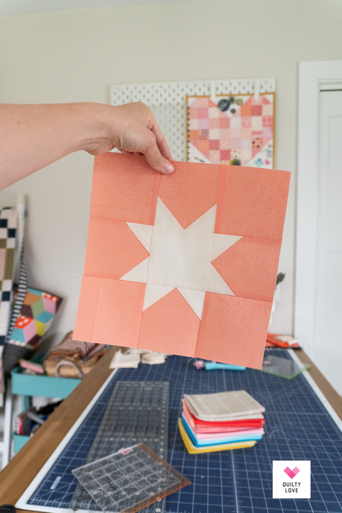 Stepping Stars quilt made with solids and Starry fabric - Quilty Love